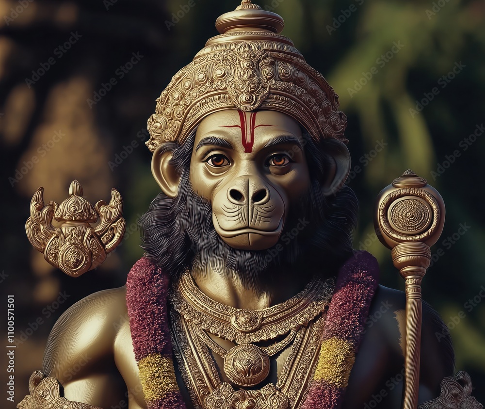 Lord Hanuman statue. Divine monkey god from Hindu mythology. Gold color ...