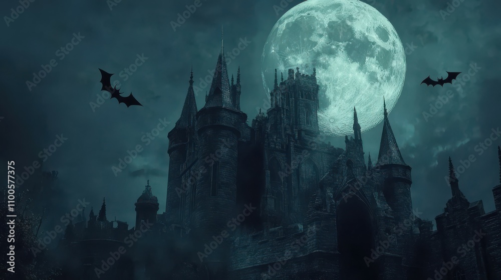 Gothic castle at night in full moonlight. New spooky castle in full ...
