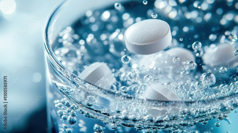 Realistic effervescent pill with fizzy bubbles in water. Soluble tablet ...