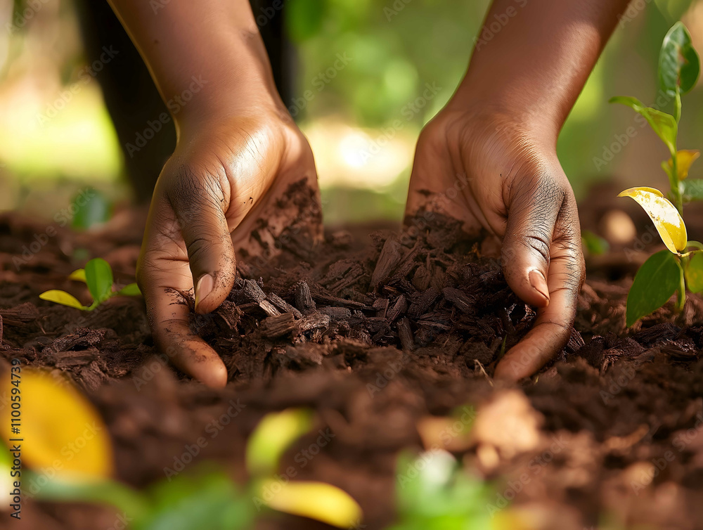 realistic photo of Closeup of African American hands spreading mulch ...