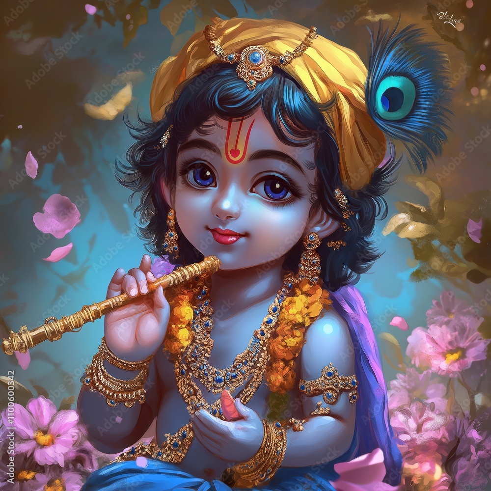 Cute Krishna deity playing flute. Adorable child god in traditional ...