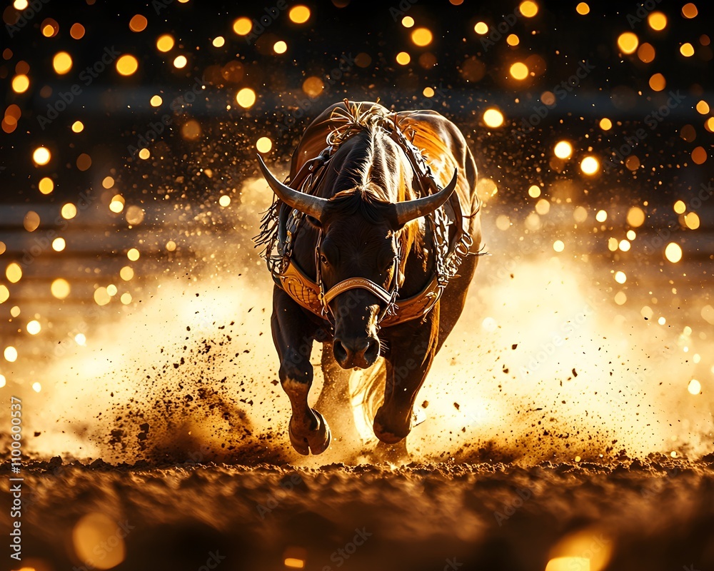 High-detail capture of a bronco's intense struggle in a dusty arena ...