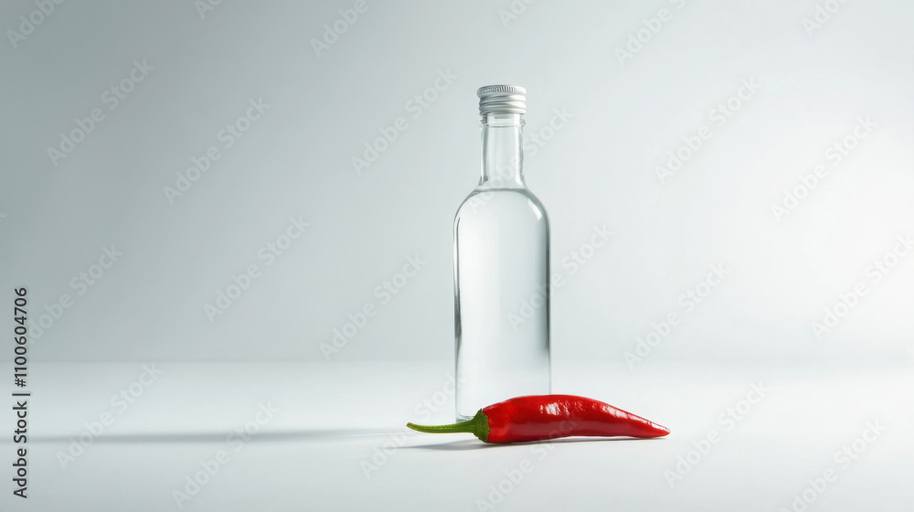 Minimalist presentation of hot pepper infused vodka with fresh red ...