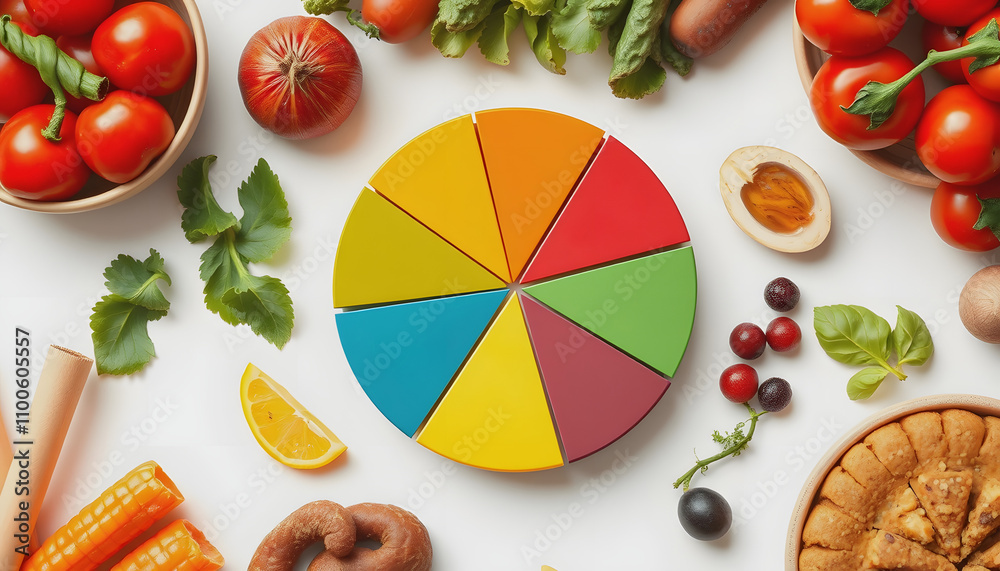 Food pie chart on white background, top view. Healthy balanced diet ...