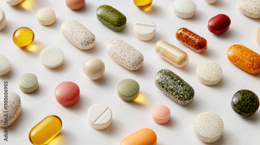 Assorted multivitamin tablets and supplements on white background for ...