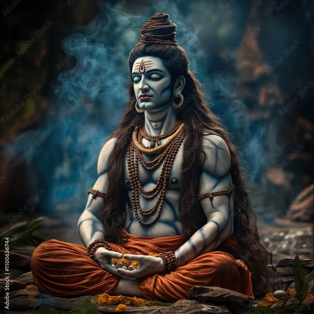 Lord Shiva sits in meditation pose. Long hair, wears traditional ...