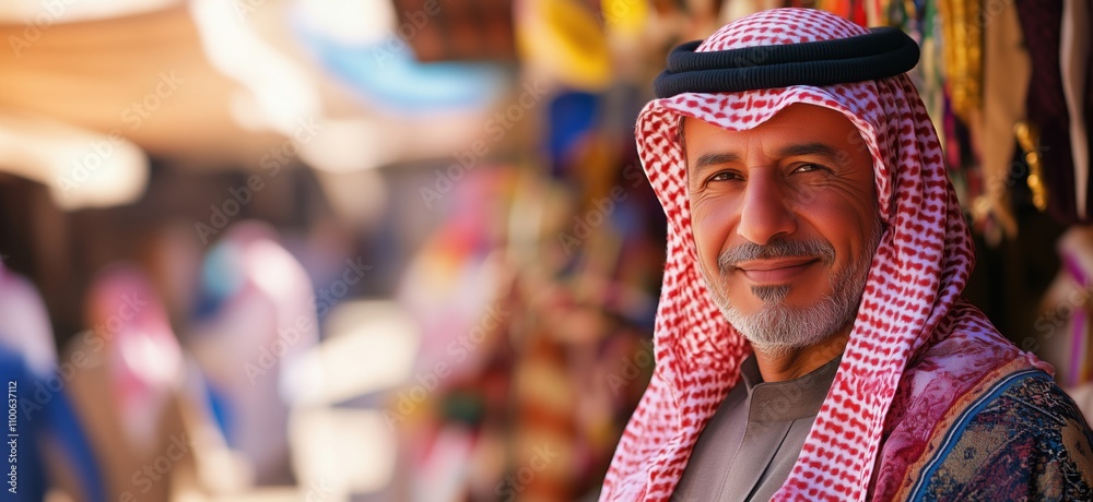 Smiling man in traditional attire, vibrant market background ...