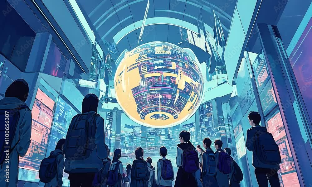 Students Exploring Futuristic Science Exhibition illustration cartoon ...