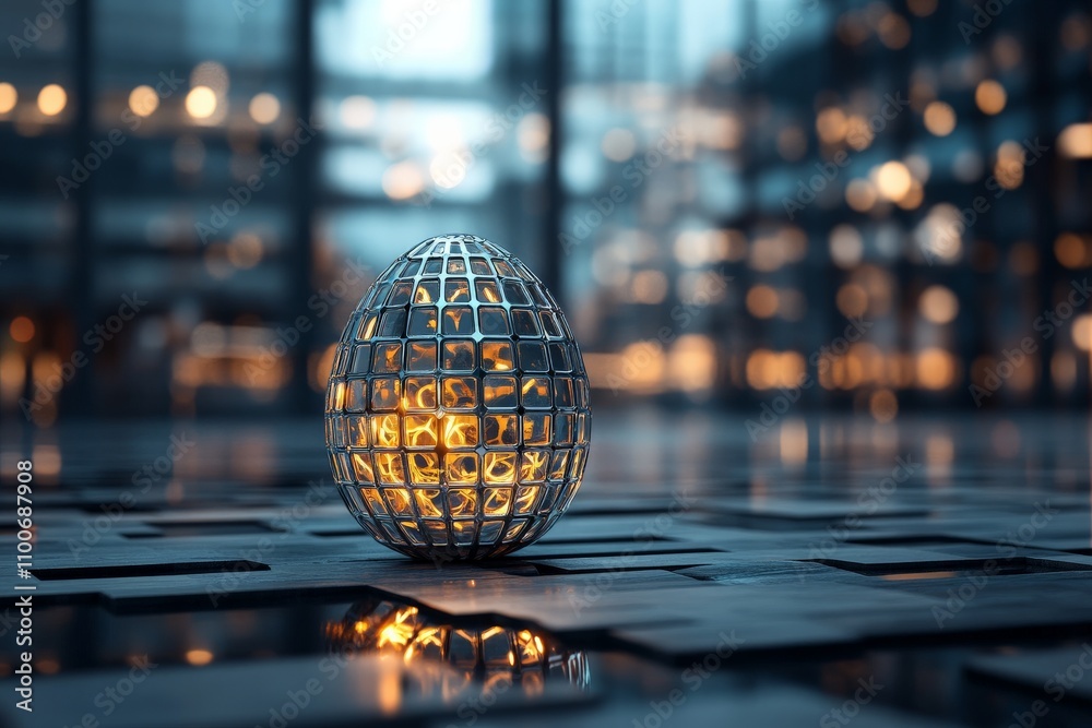 The image showcases a stylized, futuristic egg sculpture reflecting the ...