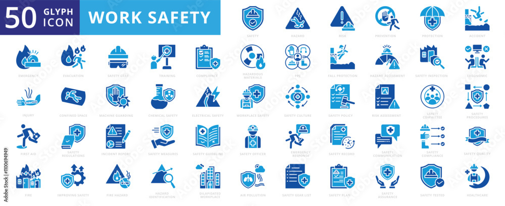 Work safety icon set with fire, accident, prevention, inspection, fall ...