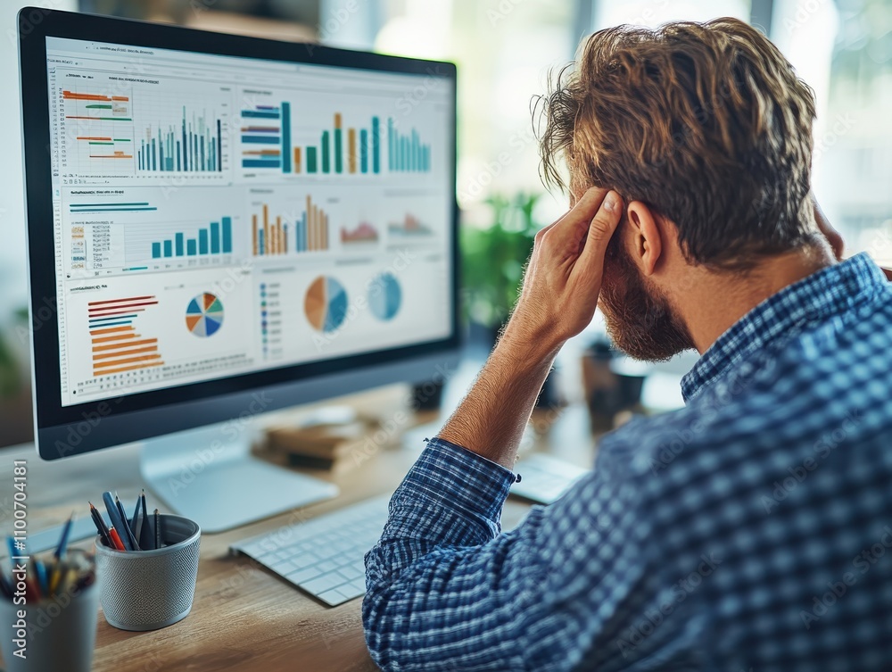 Frustrated data analyst staring at complex spreadsheets, hands gripping ...