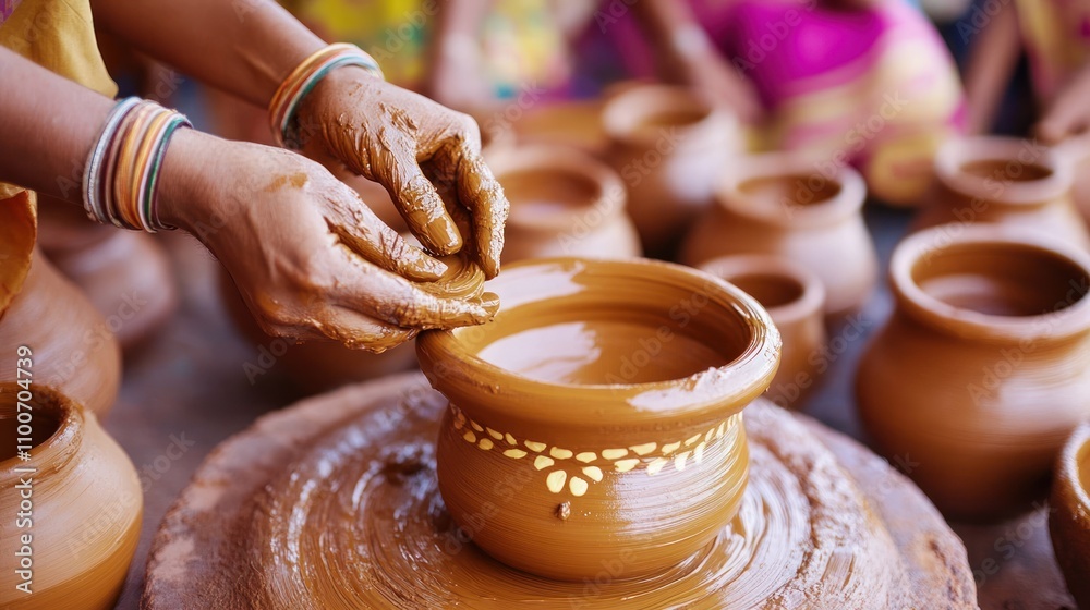 Indian people engaged in traditional crafts like pottery or weaving ...