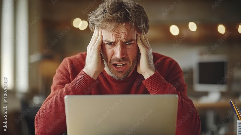 Annoyed designer slamming laptop shut, scattered design tools on desk ...