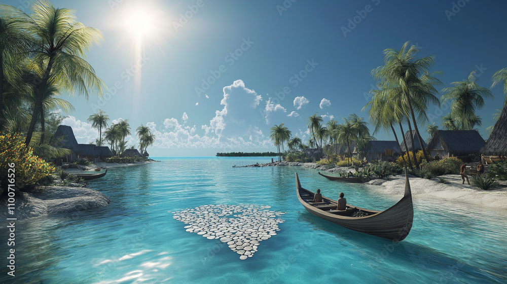 Polynesian Lagoon Villagers Constructing Shell Raft, Tropical Island ...