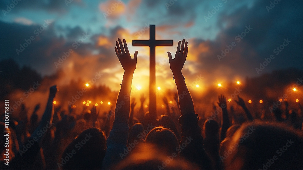 group of Christian worshipers with hands raised in praise during a ...
