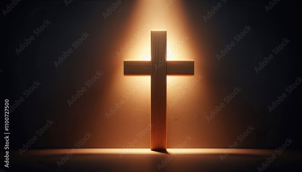 of a wooden cross with a soft, warm backlight casting a glow on the ...