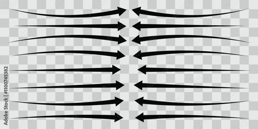 Set of black arrow showing wind air flow isolated on transparent ...