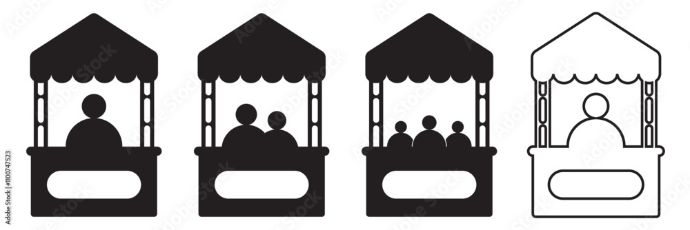 Sales booth icon set. Promo information stall with man line sign. Show ...