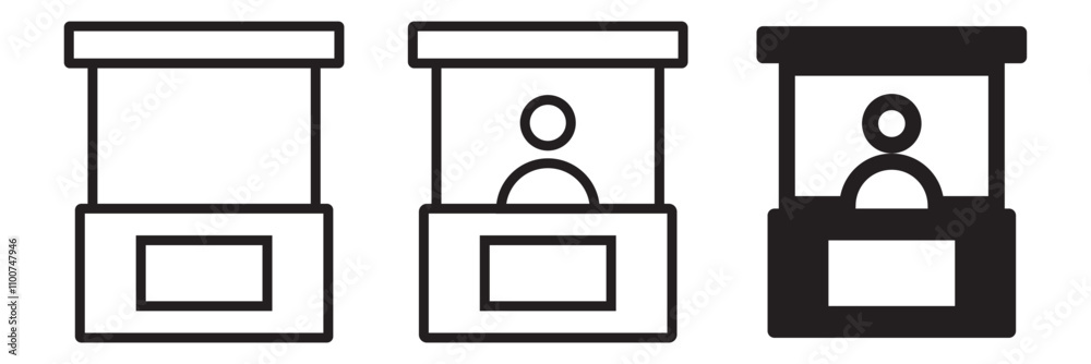 Sales booth icon set. Promo information stall with man line sign. Show ...