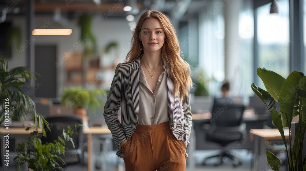 Professional woman walking in modern office business environment ...