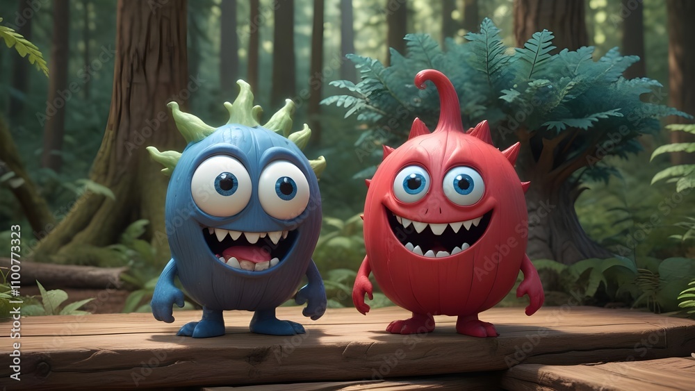 Two Playful Cartoon Monsters in a Forest Setting Happy Fun Chara Stock ...