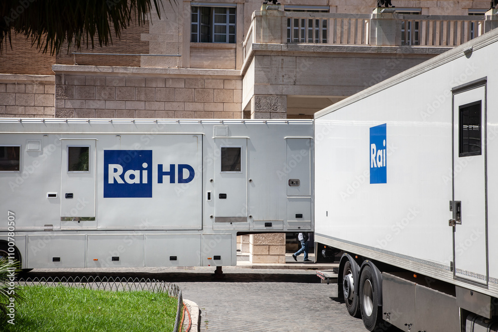 ROME, ITALY - JUNE 15, 2024: RAI logo on trucks belonging to the ...