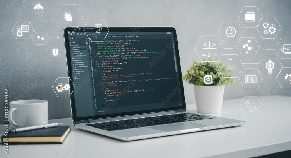 Laptop Displaying Code On Desk With Plant Notepad Icons Overlay Stock Illustration Adobe Stock