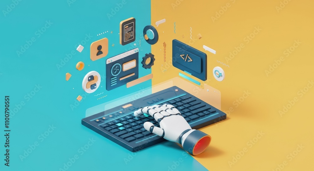 Robotic hand coding on keyboard split by teal and yellow background ...