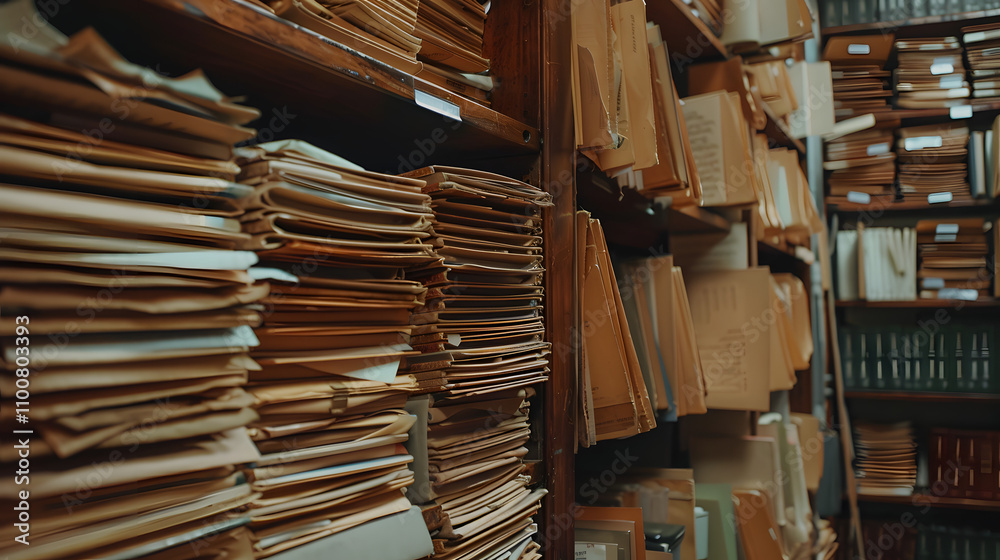 paper documents stacked in archive. folders with documents on the ...