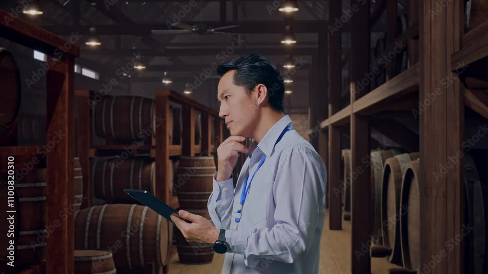 Side View Of An Asian Male Professional Worker In Cellar Of Winery ...