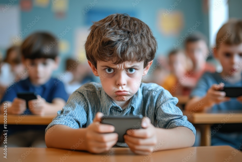 Angry boy using smartphone in class. Illustrates the distraction of ...