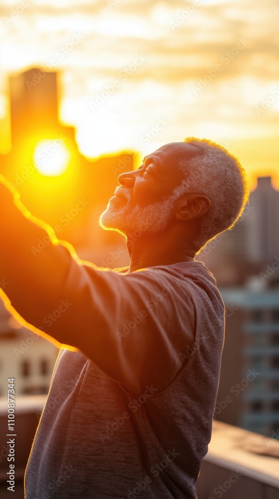 aging black man stands in quiet reflection on a rooftop during sunset ...