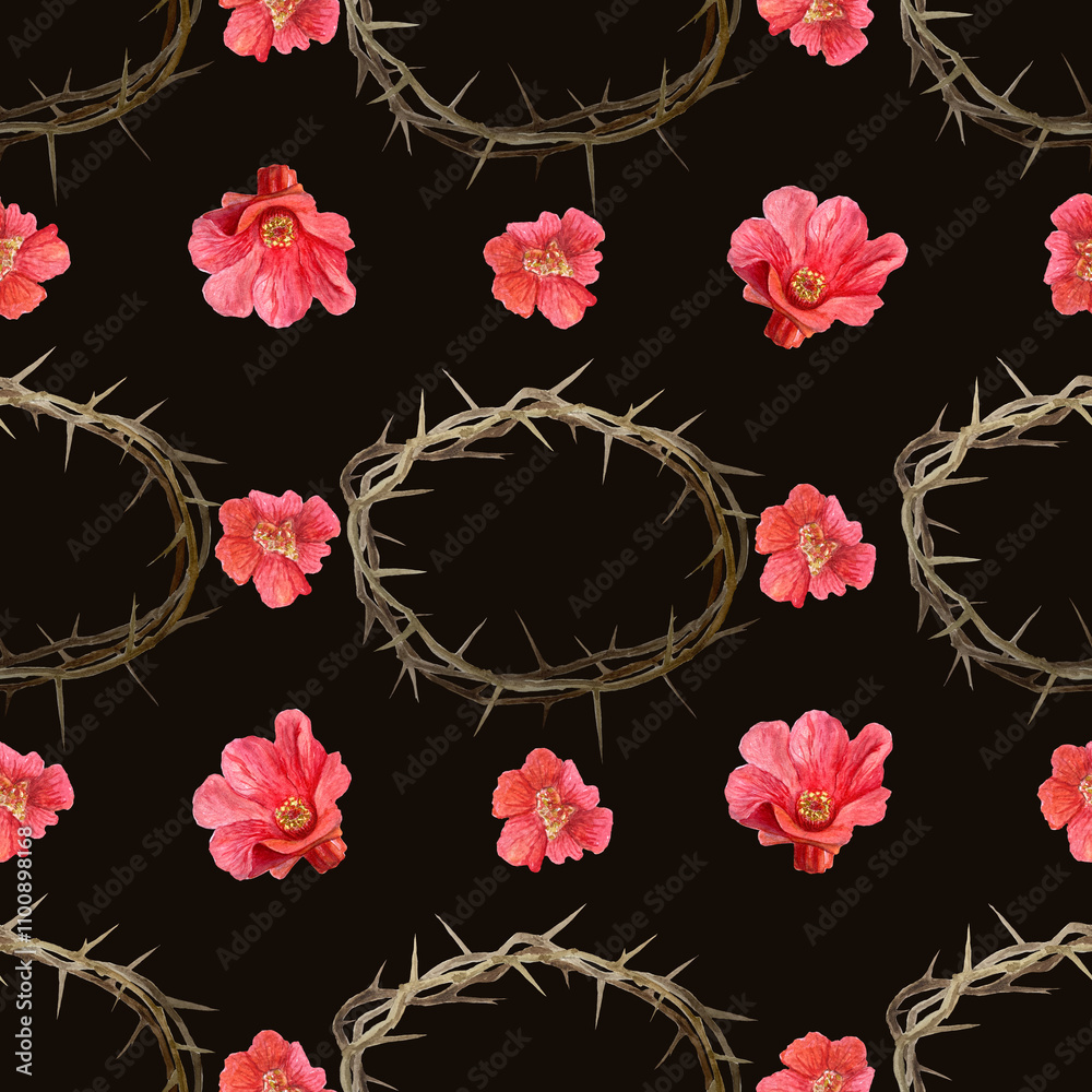Poster Crown of thorns with pomegranate flowers watercolor seamless ...