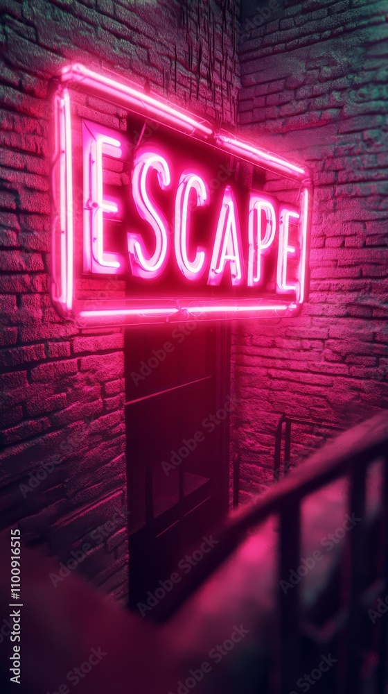 Neon Escape Sign: Pink neon sign reading "ESCAPE" mounted on a brick ...