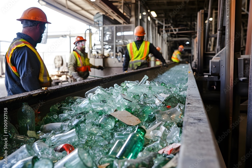 Broken glass bottles and jars are loaded into a crushing machine ...