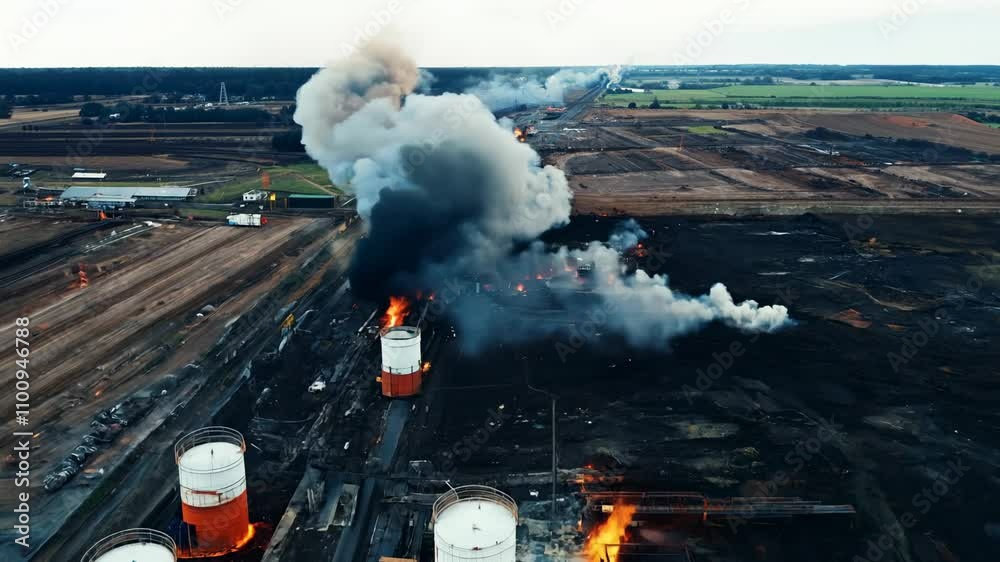 Aerial view of a fire at an oil refinery. Man-made disaster. A fire ...