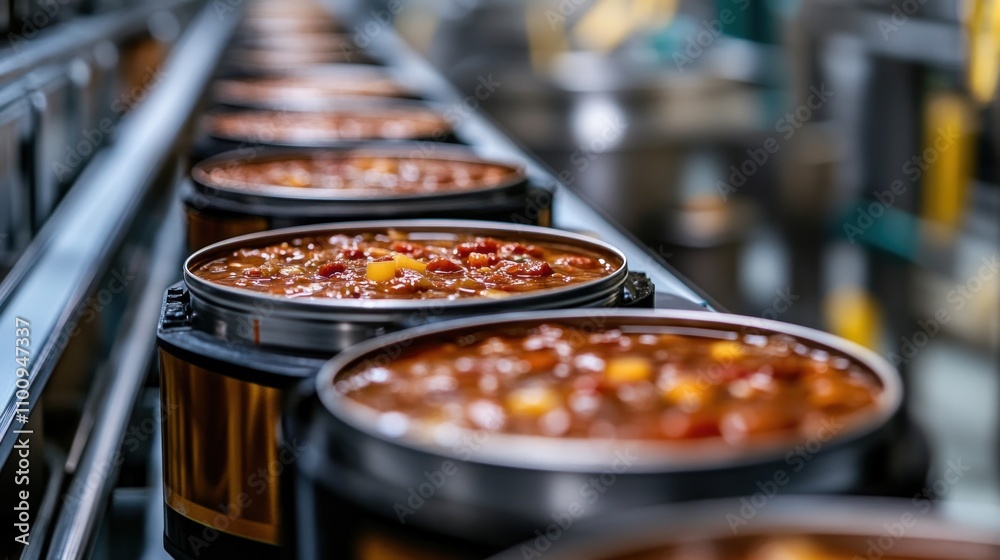 Conveyor belt carrying cans of soup through labeling and sealing stages ...