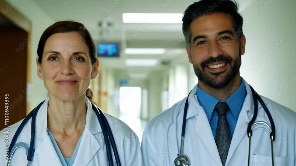 Two smiling doctors in a hospital corridor. Male and female doctor ...
