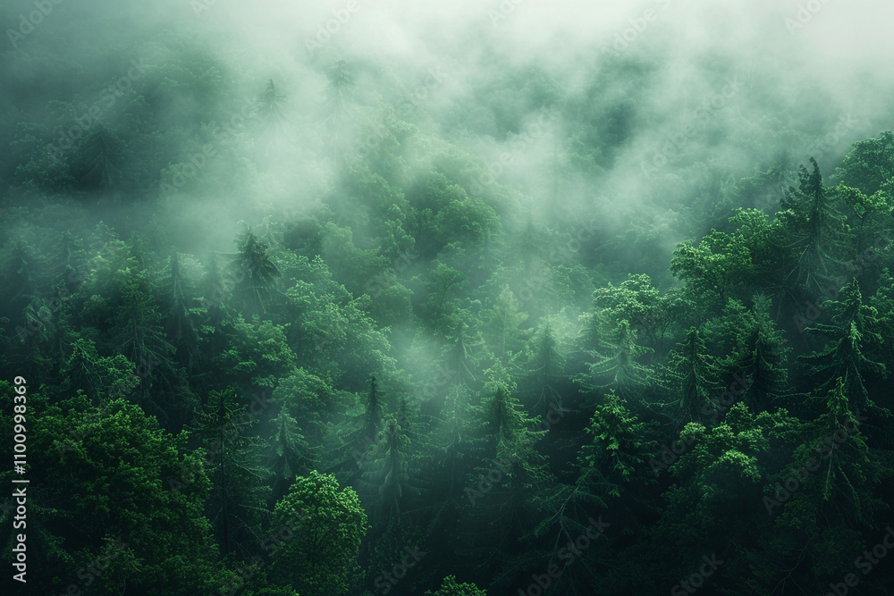 The view of a dark green forest with thick fog rolling through the ...