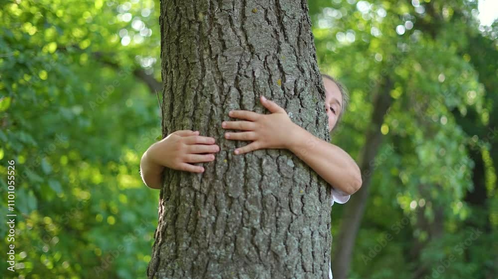 Happy child hugs tree in forest. Kid wraps hands around tree with big ...