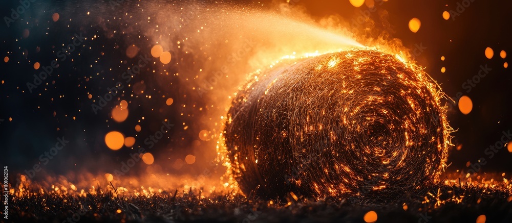 Hay bale being extinguished by water stream during fire highlighting ...