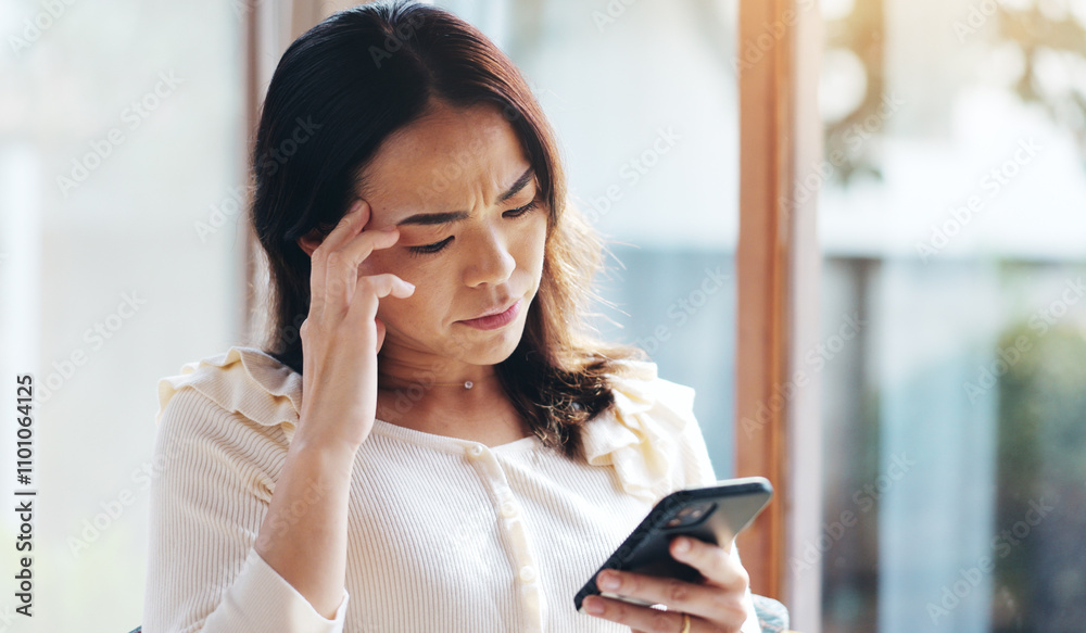 Japanese, woman and stress with phone at house of social media scam ...