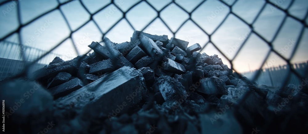 Demolition site with heavy machinery amidst rubble and safety fencing ...