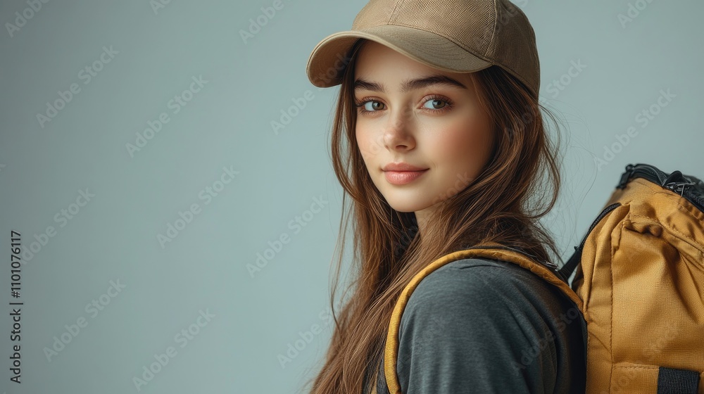 Delivery employee woman in uniform with cap and backpack providing ...