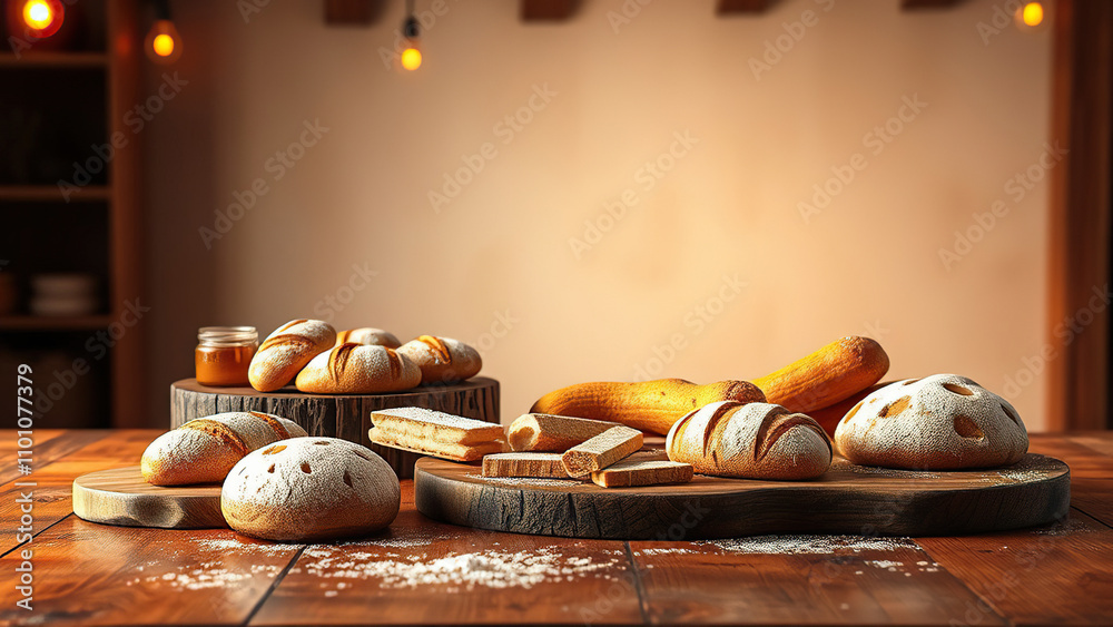 wooden bakery table with empty flour-filled pastry boards for ...