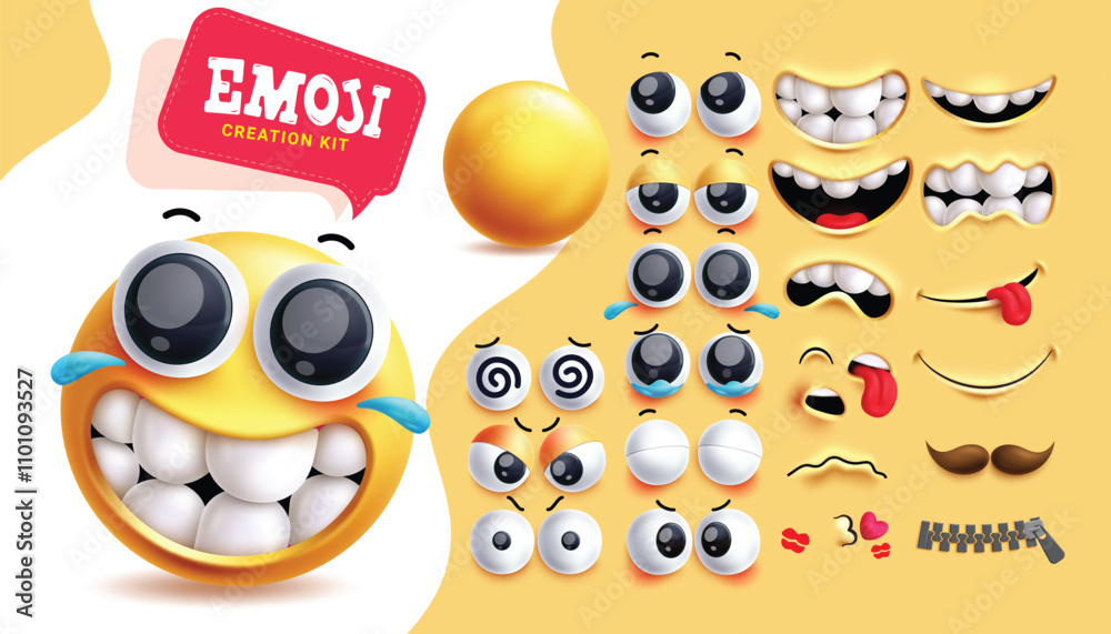 Emoji creation kit clipart 3d character set. Emoji editable face with ...