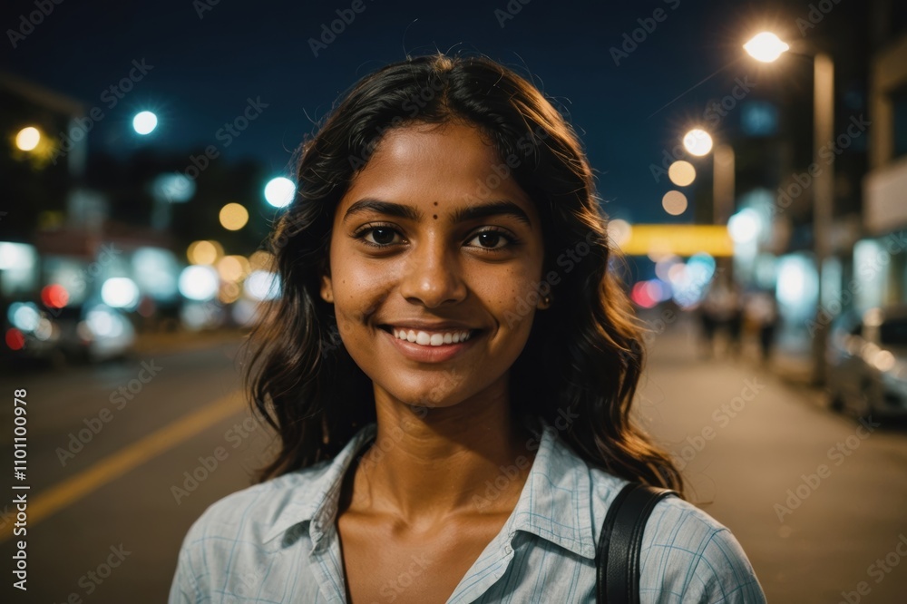 Close portrait of a smiling young Sri Lankan woman looking at the ...