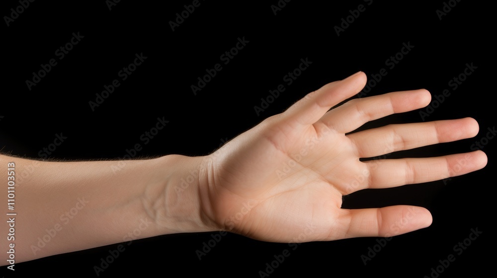 Human hand displaying various gestures and postures isolated on a black ...