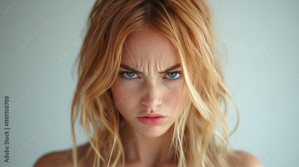 Angry woman displaying intense negative emotions against a light ...