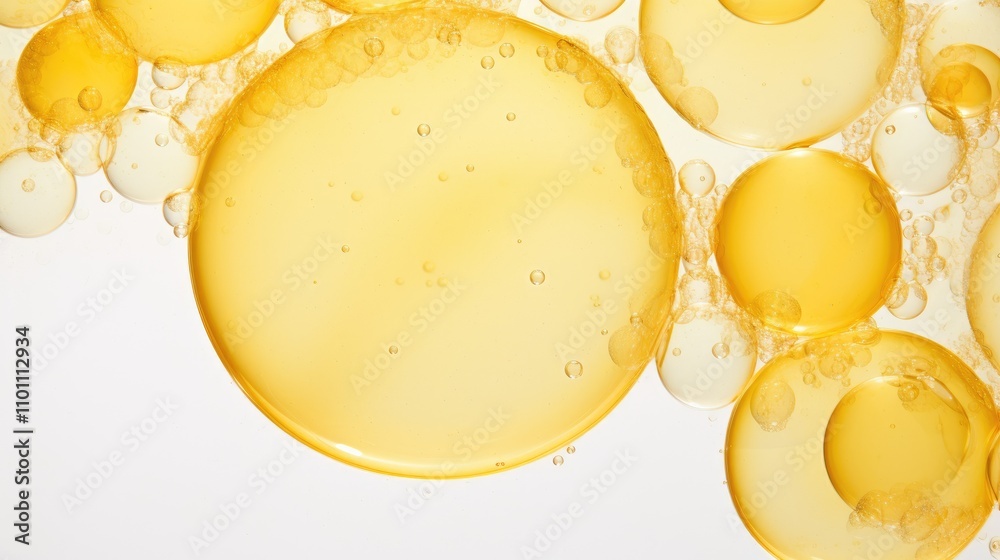 Yellow oil texture swatch in petri dish close up with bubbles on a ...